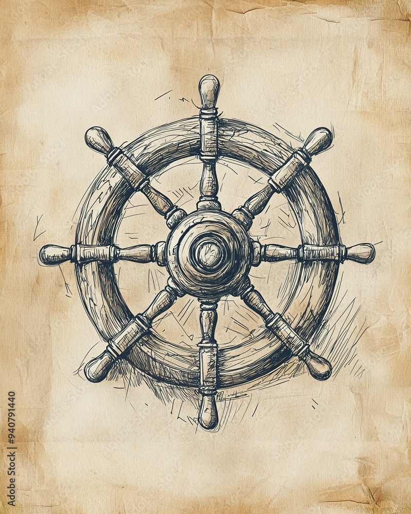 Vintage rudder sketch drawing. Nautical and sailing concept. Poster ...