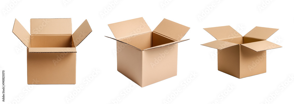 A collection of open cardboard boxes isolated on a transparent ...