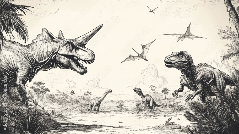 Dinosaurs Park sketch poster featuring a Jurassic exhibition with ...