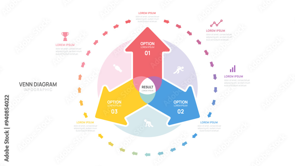 Infographic Venn diagram chart arrow template for business 3 steps options with venn diagram ...