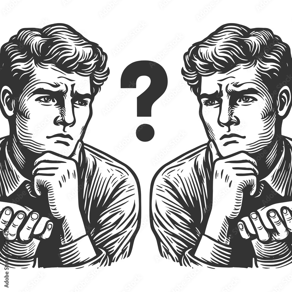 confused man, mirrored image and question mark, indecision and ...