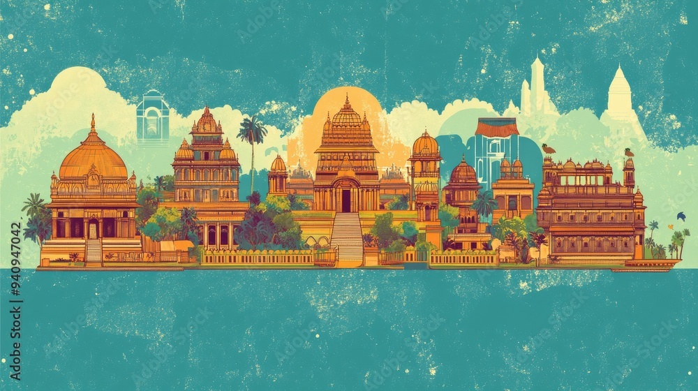 A vintage-themed Gujarat Day design featuring famous landmarks and ...