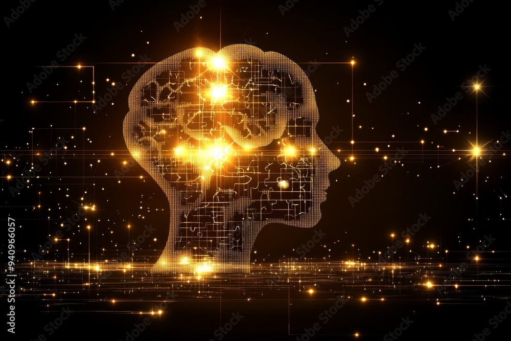 Digital art of a glowing golden head silhouette filled with binary ...