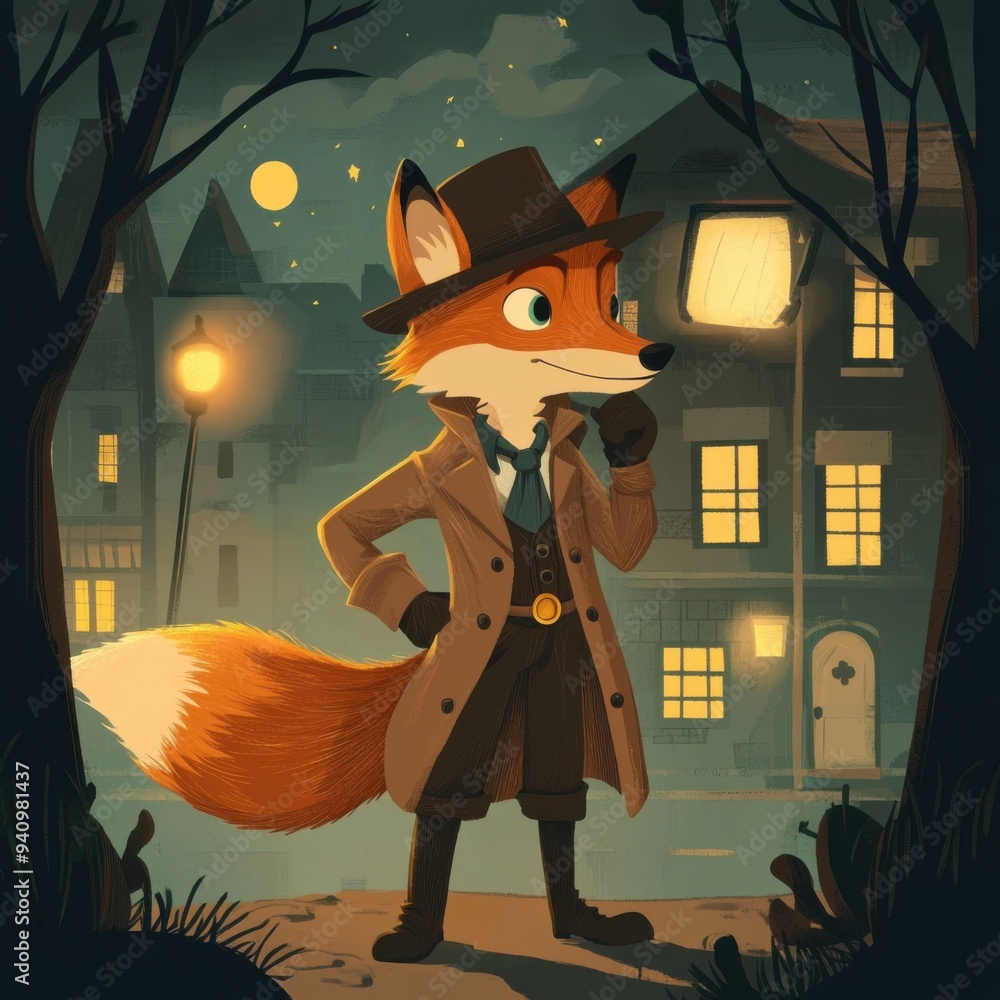 Detective Fox on the Night Shift - Illustration of a Fox Investigating ...