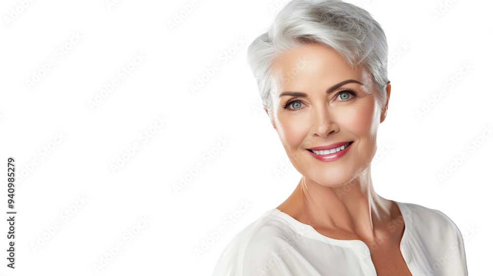 Beautiful aging mature woman with gray hair and happy smiling on ...
