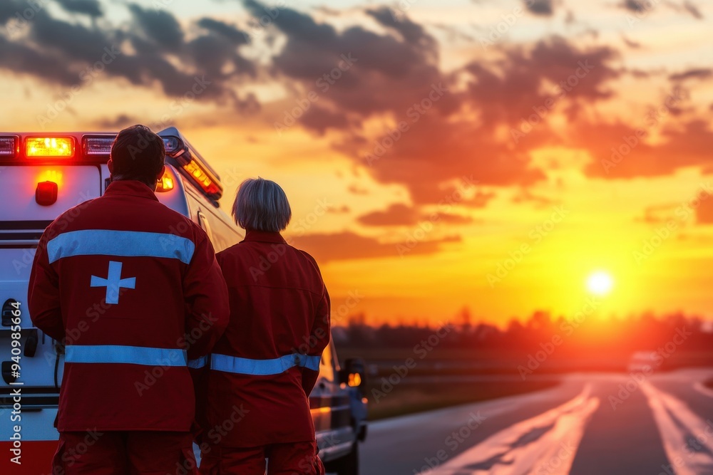 Emergency responders stand next to an ambulance at sunrise, preparing ...