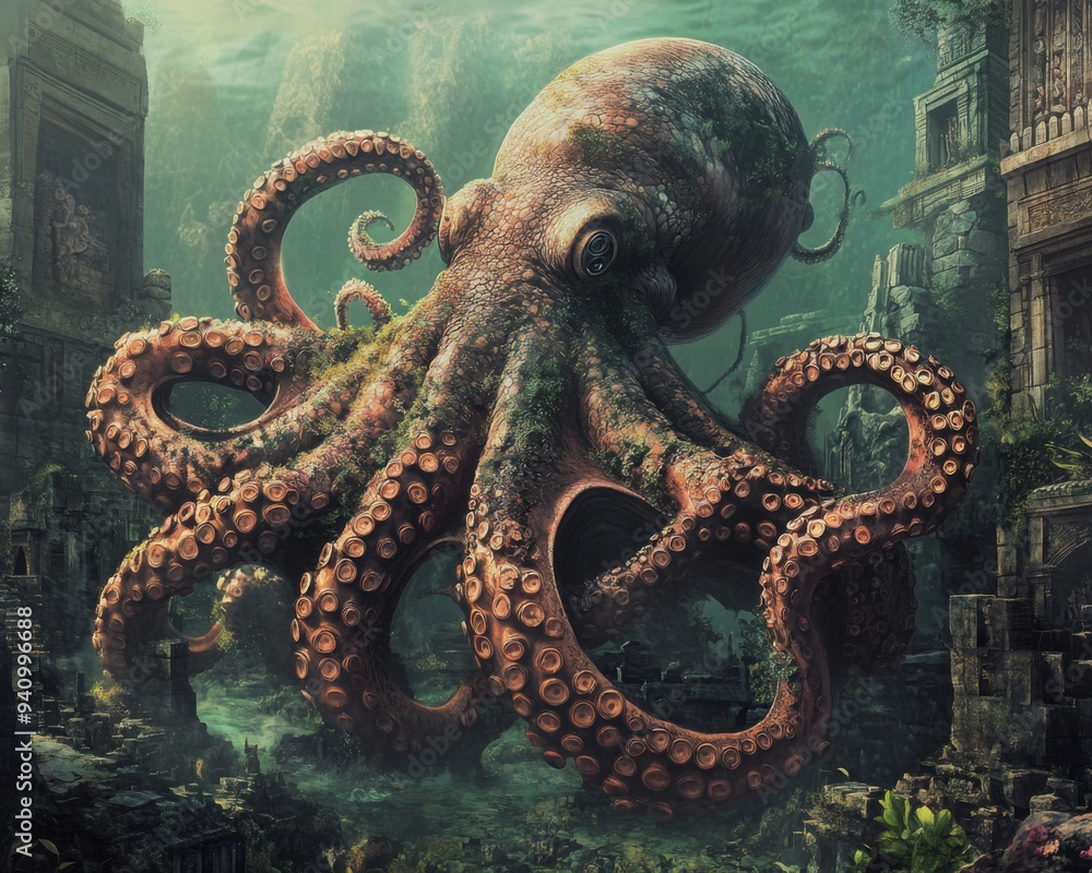 Enchanted Underwater Jungle: Giant Octopus with Vine Tentacles among ...