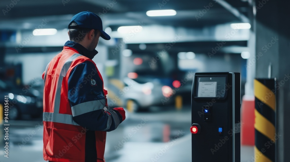 Security service worker conducting a routine check in a secure parking ...