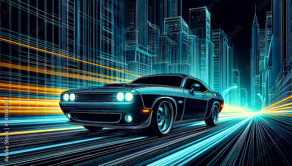 muscle car street speeding contour motion blur neon lines drawing speed ...