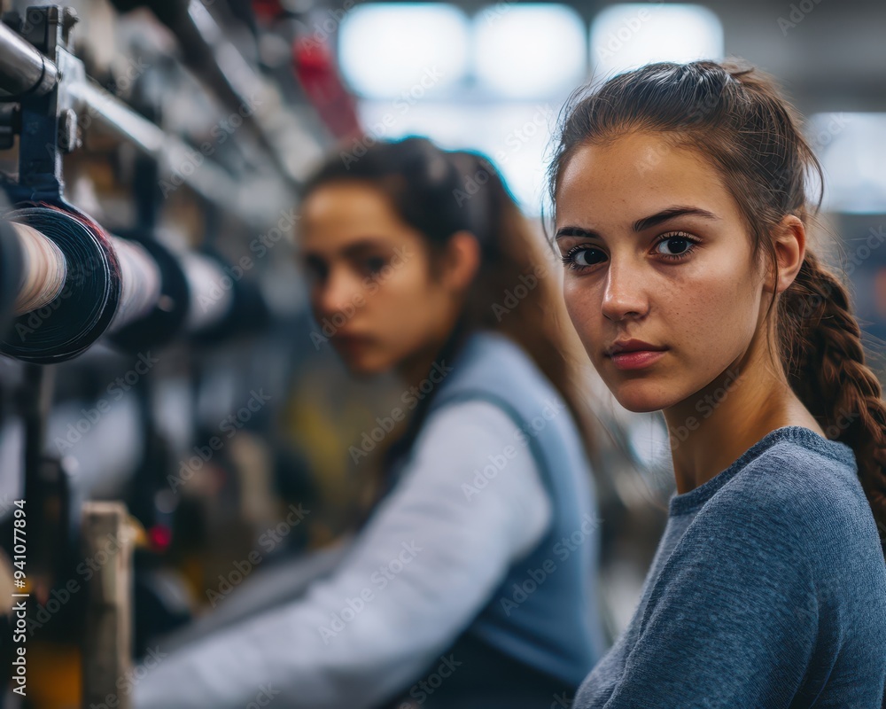 Teenage girls collaborating in a textile factory, focused expressions ...