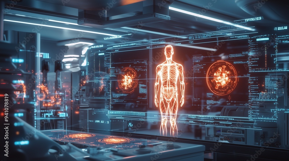 High-tech lab with holographic human body and molecular structures ...