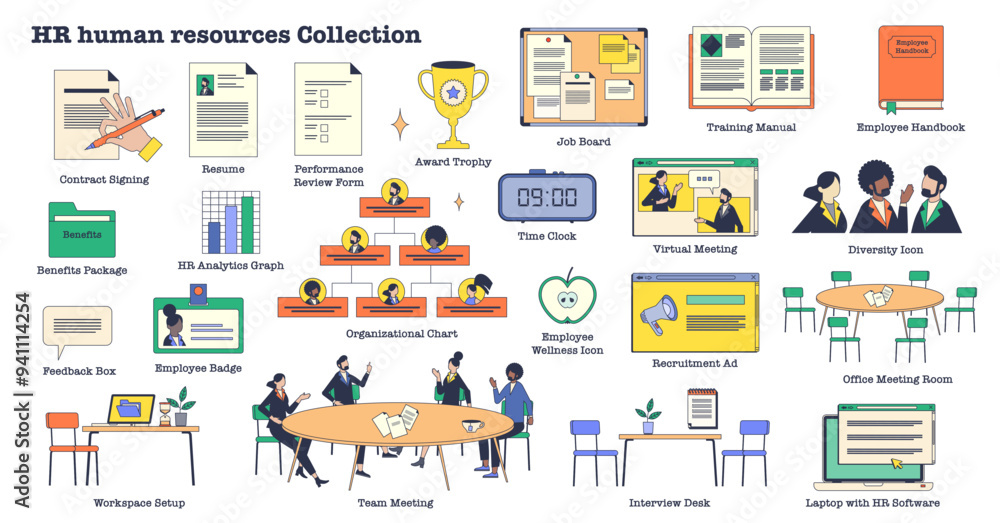 HR or human resources management in tiny person neubrutalism collection ...