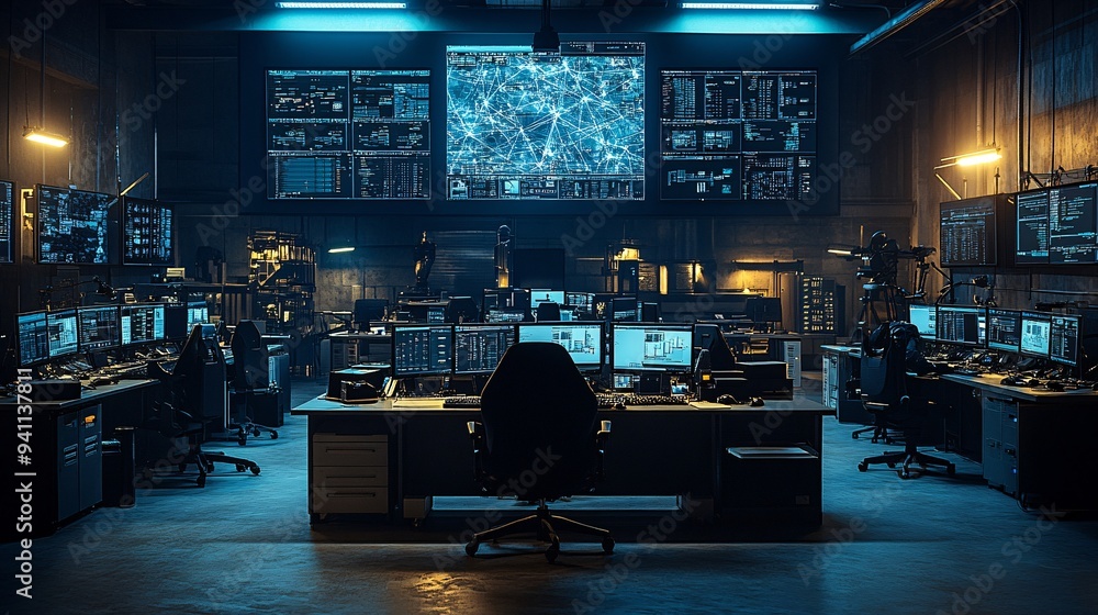 A cybersecurity control room where AI algorithms monitor and protect ...