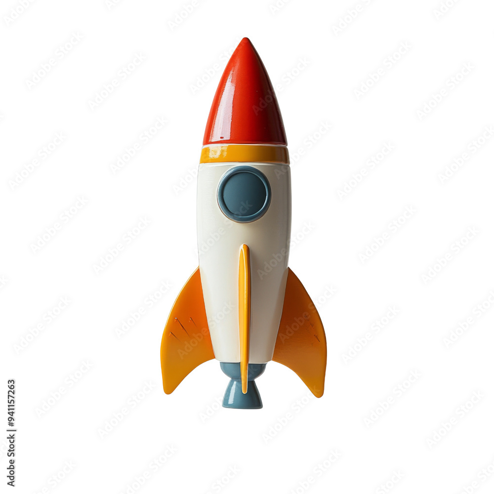 Colorful toy rocket with red, blue, and yellow details. Represents ...