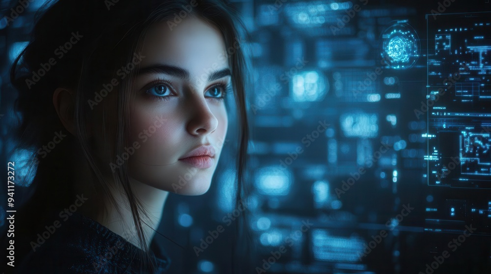 female data scientist immersed in holographic ai interface futuristic lab glowing algorithms ...