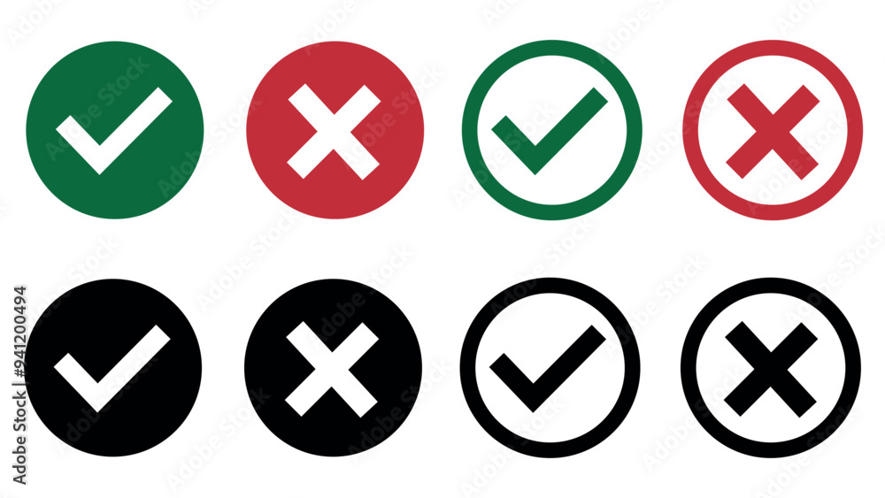 Black, red and green check mark and declined sign icons isolated on ...