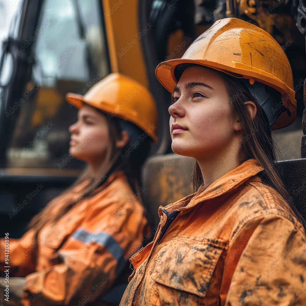 Young girls in industrial uniforms confidently operating heavy ...