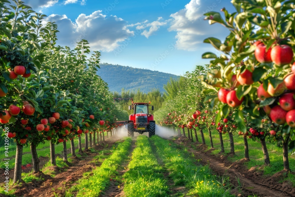 A tractor is spraying water on an apple orchard, a common practice in ...