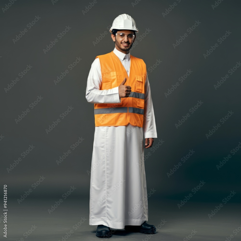 Saudi man wearing construction vest (front view) isolated on dark ...