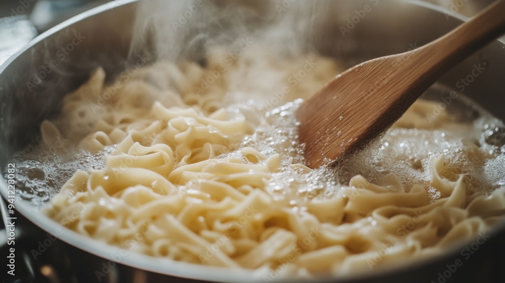 A detailed shot of a pot of boiling pasta with a wooden spoon stirring ...