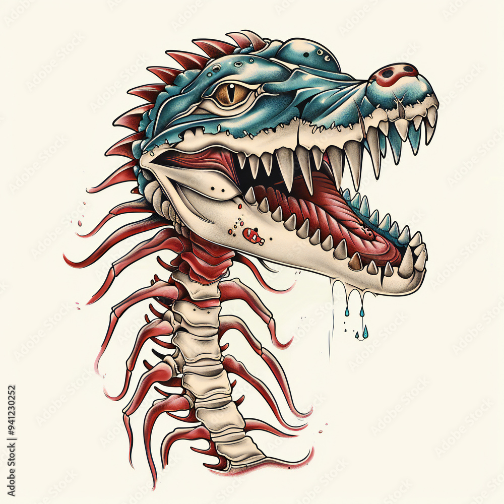 Alligator head skeleton bones very simple traditional tattoo flash ...