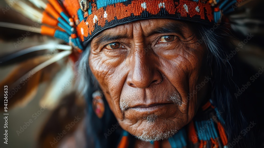 portrait of indigenous elder in traditional regalia weathered face kind ...