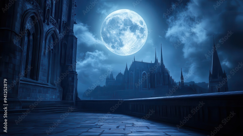 Full moon over a gothic cathedral, with gargoyles casting long shadows ...