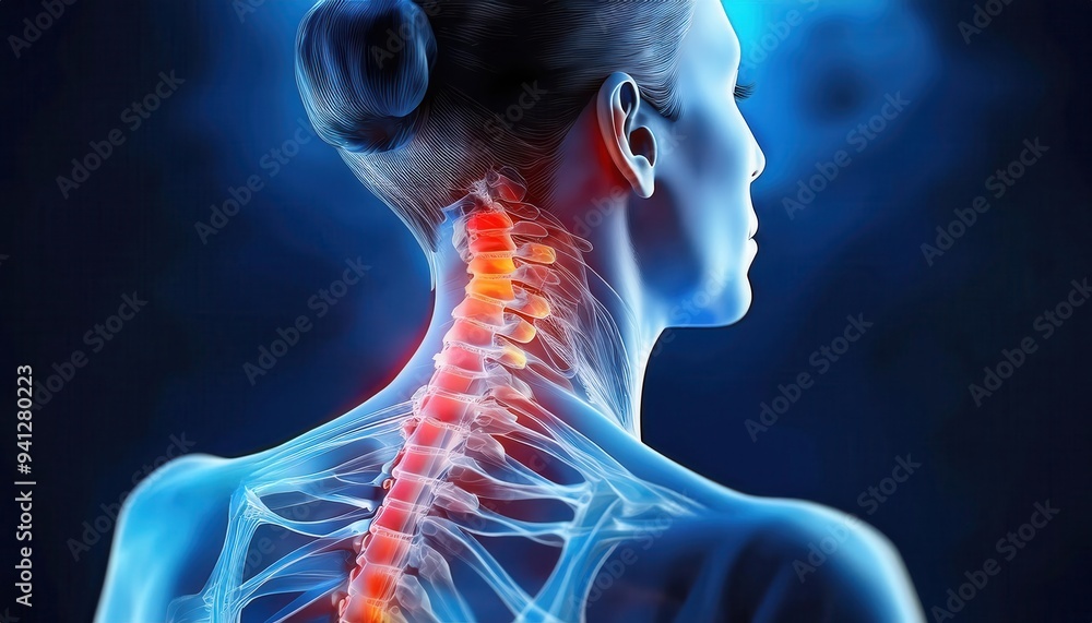 3D illustration of a woman’s neck with highlighted cervical vertebrae ...