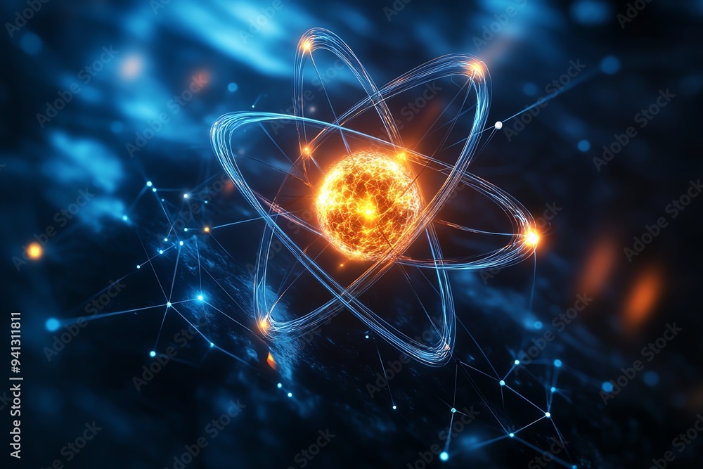 A highly detailed 3D rendering of an atom with electrons orbiting a ...