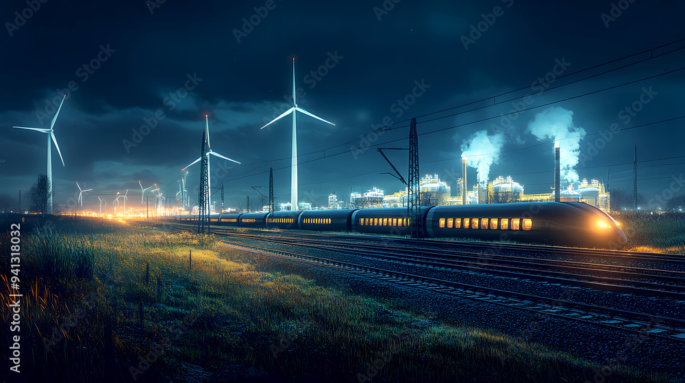 Nighttime Illuminated A dramatic night scene where wind turbines are ...