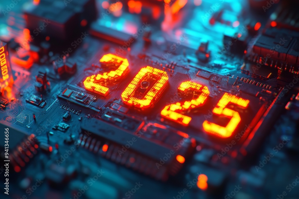 Happy 2025 futuristic texture. Circuit board pattern. Electronic ...