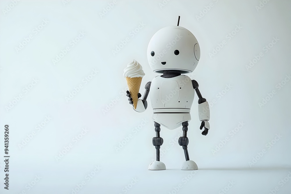 Futuristic humanoid robot holding an ice cream cone, gazing at it with ...