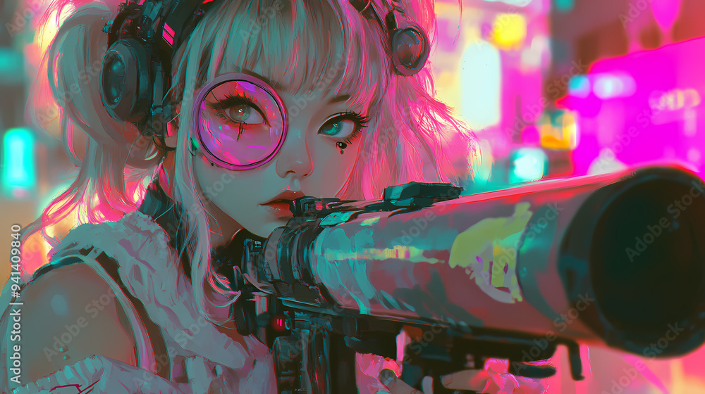 Anime Girl with Weapon and Gun Cyborg Sci-Fi Fantasy Synthwave Phone ...