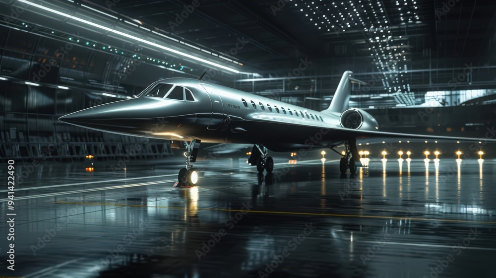 Highlight the exterior of a supersonic jet, emphasizing its sleek ...