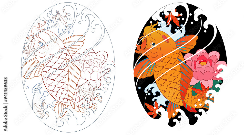 Carp tattoo design, Japanese irezumi koi fish style, oriental painting ...