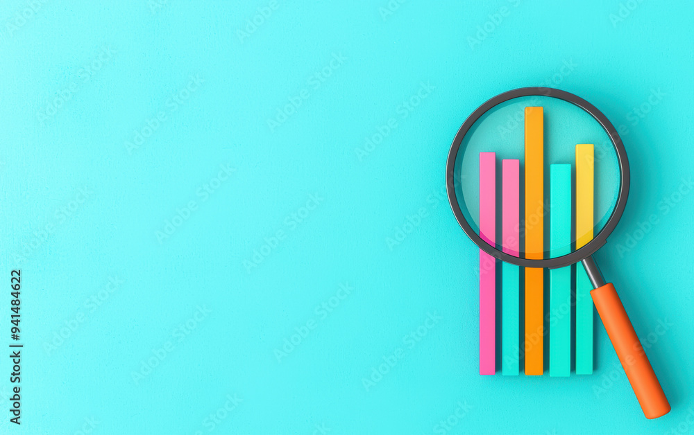 Colorful bar graph and magnifying glass on a bright blue background ...
