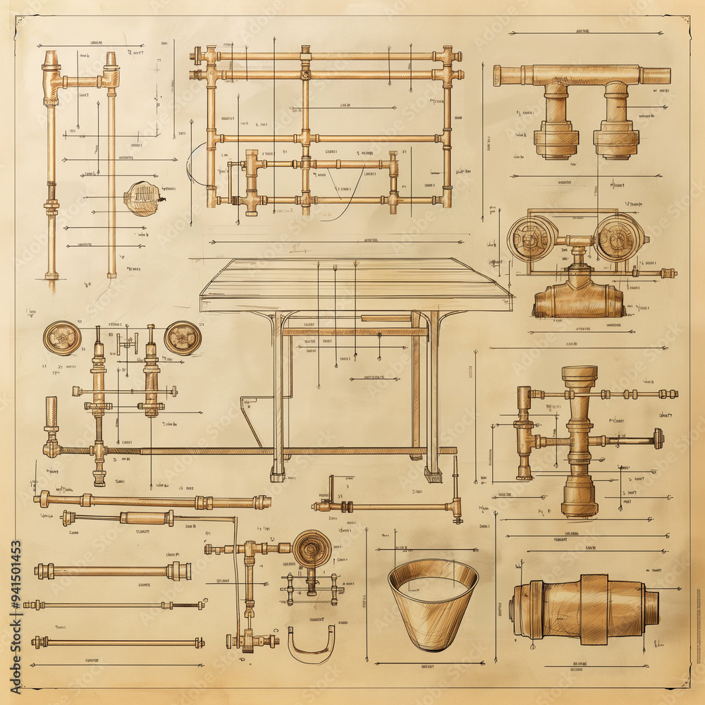 Detailed technical blueprint of industrial table and chair design with ...