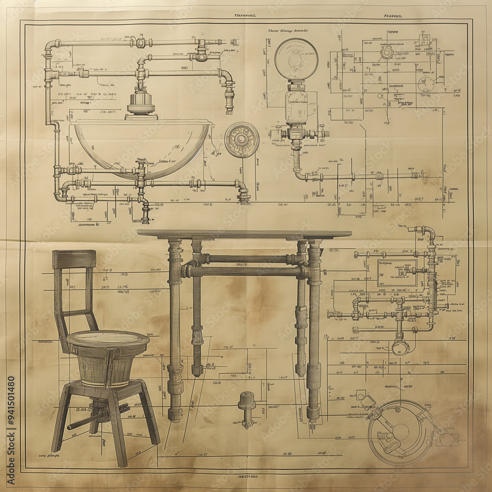 Detailed technical blueprint of industrial table and chair design with ...
