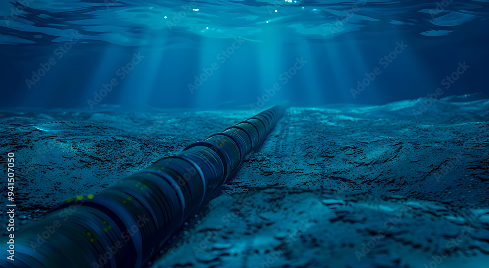 An underwater internet communication cable on the seabed under ocean ...