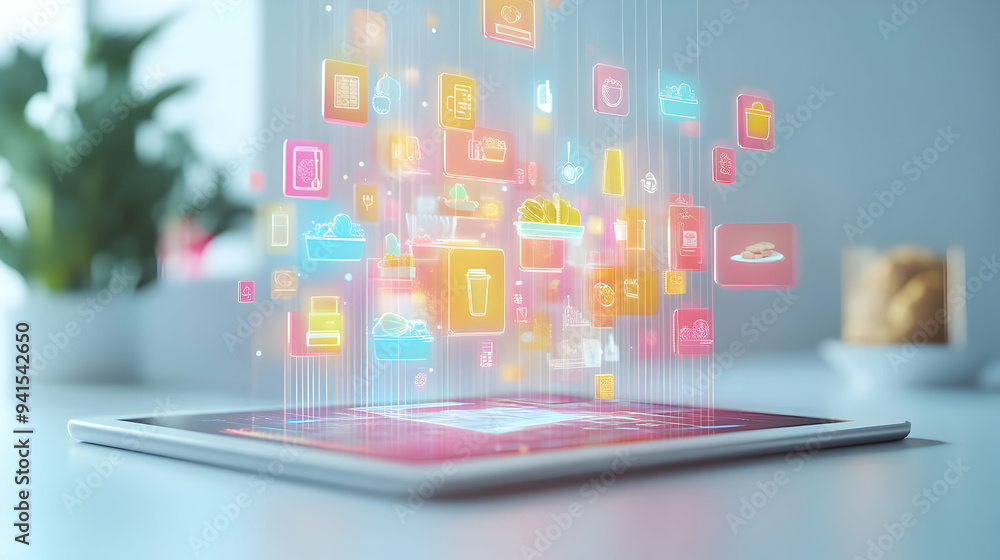 3D Icon as Tablet with holographic world food day icons concept as ...