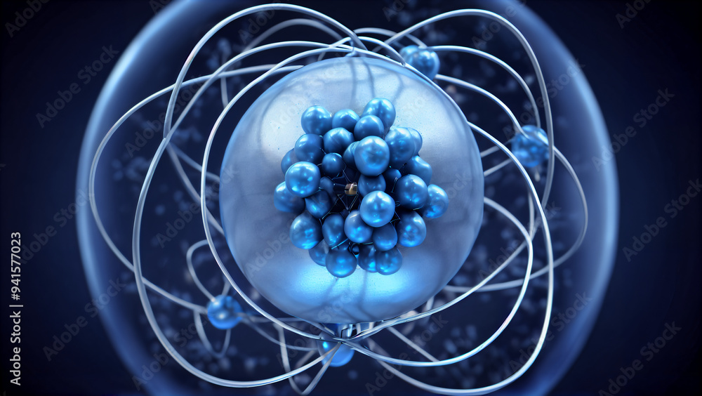 Three Dimensional Atomic Model With Dynamic Electron Orbits Central Nucleus And Shiny Spheres