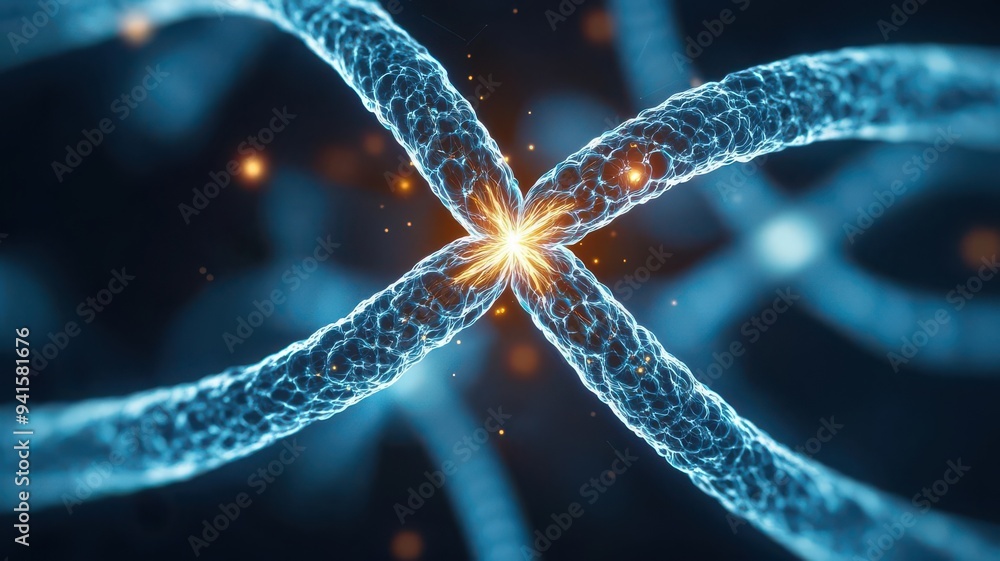 Closeup of chromosomes splitting in a dividing cell, glowing strands ...