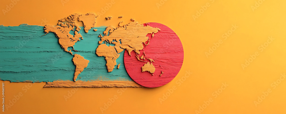 Colorful world map design on vibrant background, showcasing a creative ...