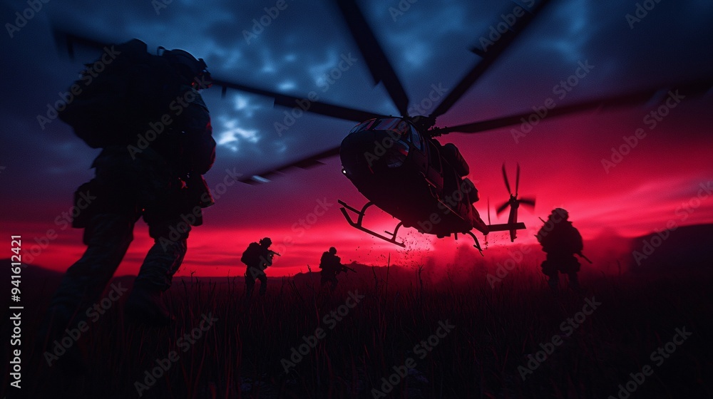 Helicopter rescue mission at dusk searchlights scanning the ground ...