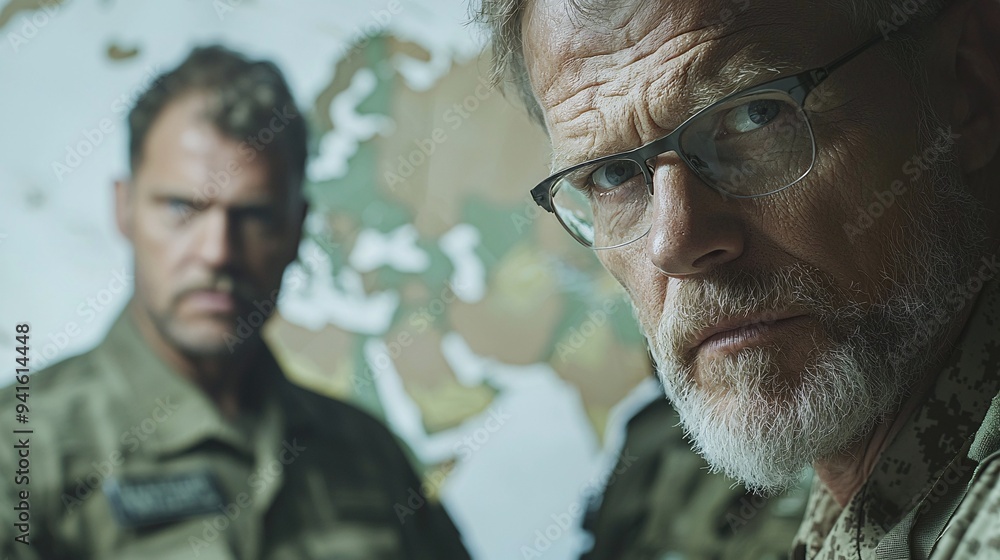 Military commanders planning a mission around a map intense focus on ...