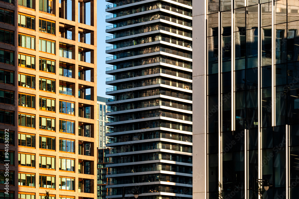 This image captures tall skyscrapers with varied architectural styles ...
