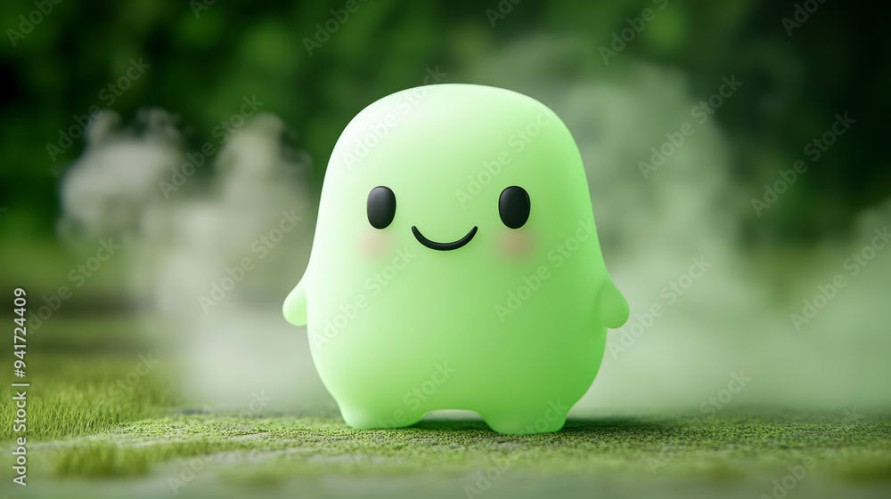 Bubbly gas creature with chubby cheeks and tiny feet hazy green mist ...