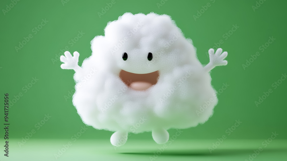 Cheerful puff of smelly gas with tiny arms waving floating with a big ...