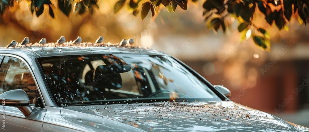 A car parked under a tree with multiple bird droppings and smudges ...