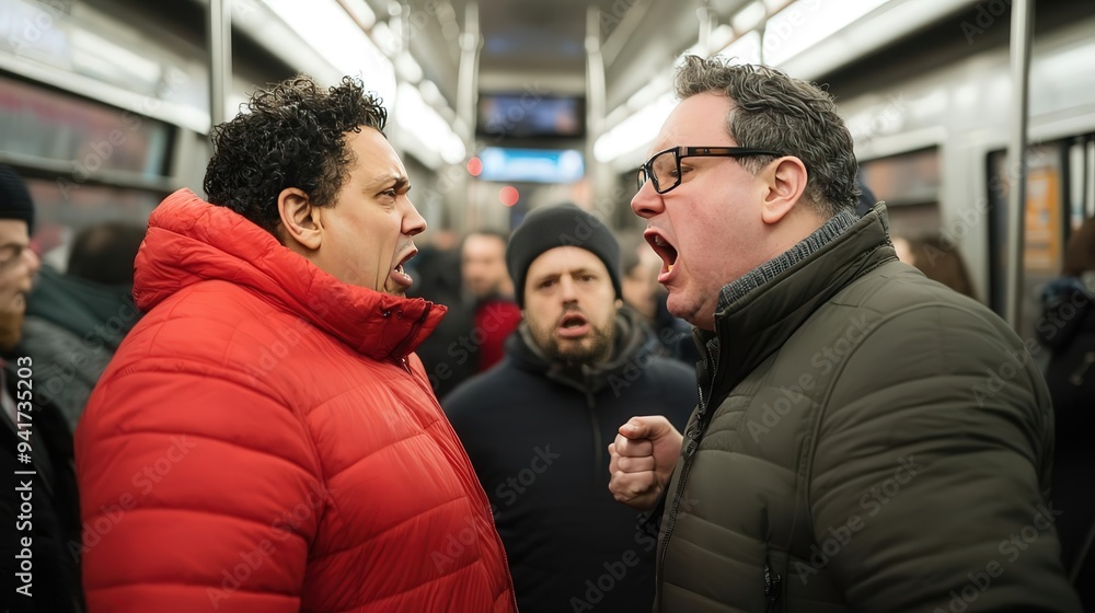 A dramatic scene of a heated argument between two commuters on a ...